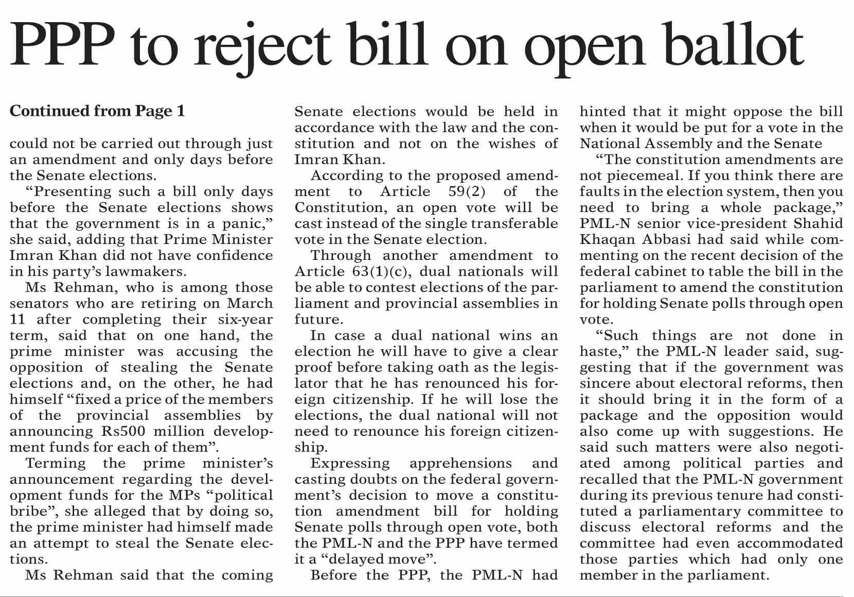 Dawn-ePaper | Jan 31, 2021 | PPP to reject bill on open ballot in ...
