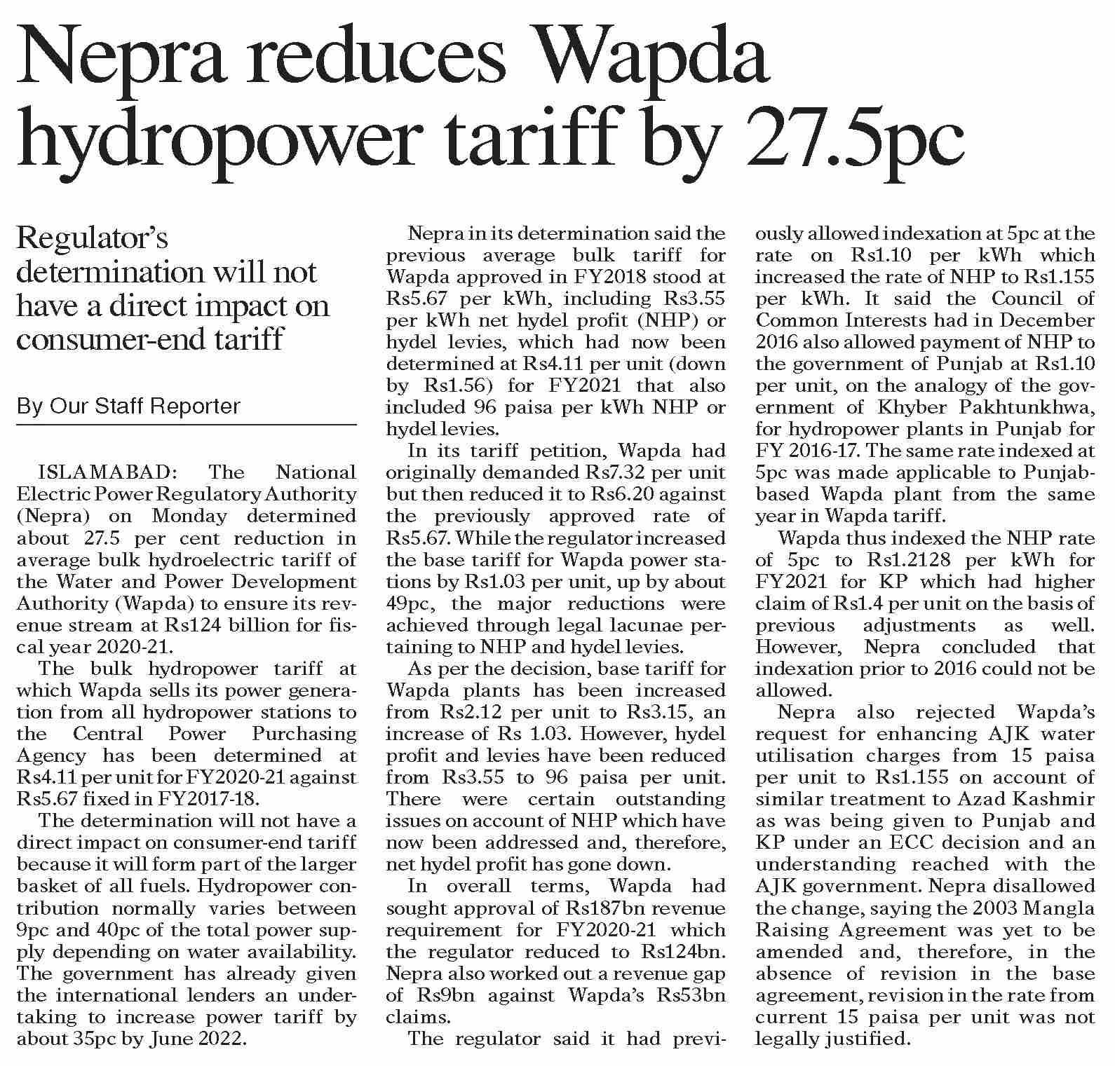 Dawn-ePaper | Apr 06, 2021 | Nepra reduces Wapda hydropower tariff by ...