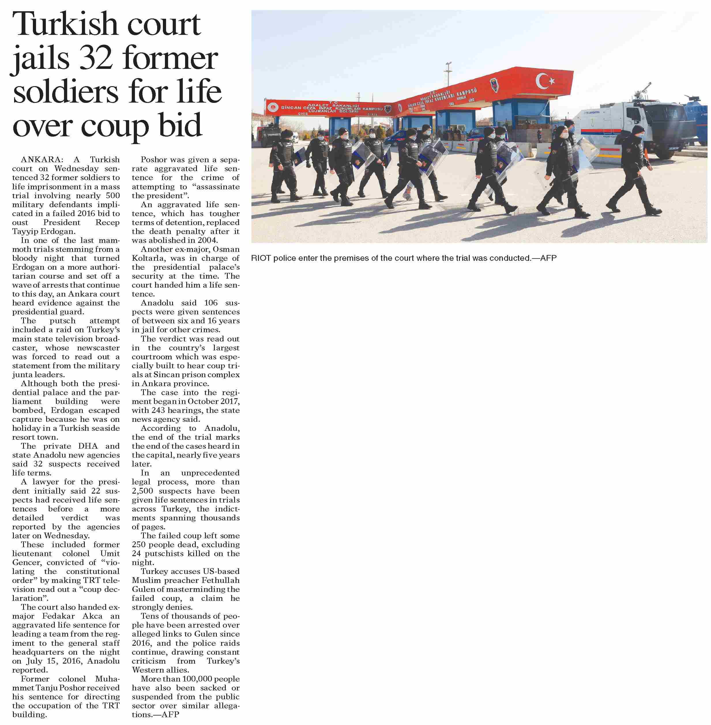 Dawn-ePaper | Apr 08, 2021 | Turkish court jails 32 former soldiers for ...