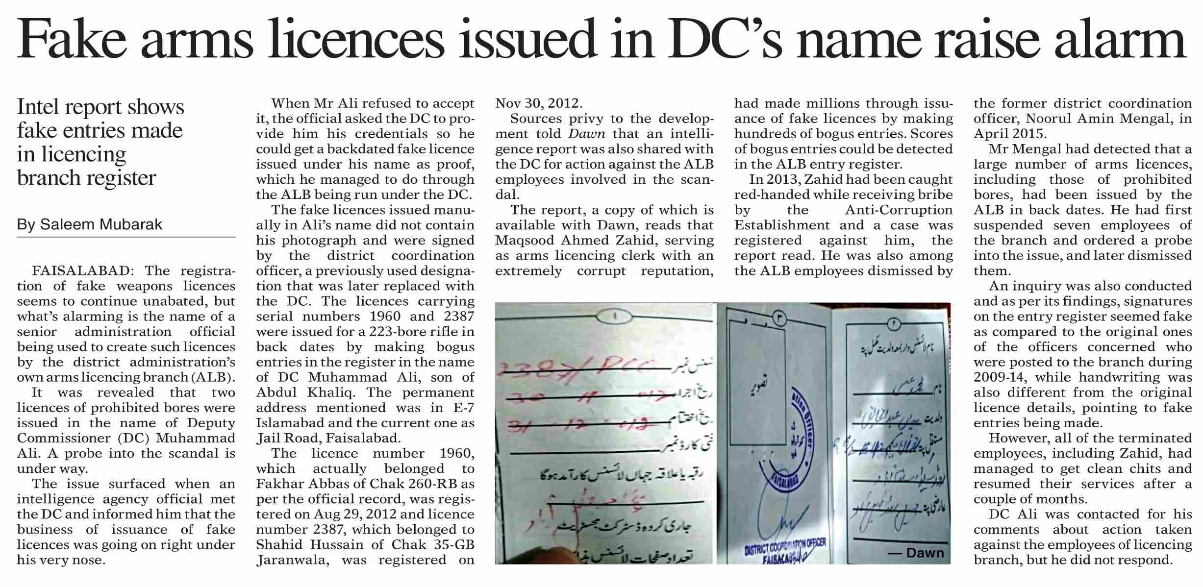 Dawn-ePaper | Apr 13, 2021 | Fake arms licences issued in DC`s name ...