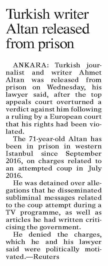 Dawn-ePaper | Apr 15, 2021 | Turkish writer Altan released from prison