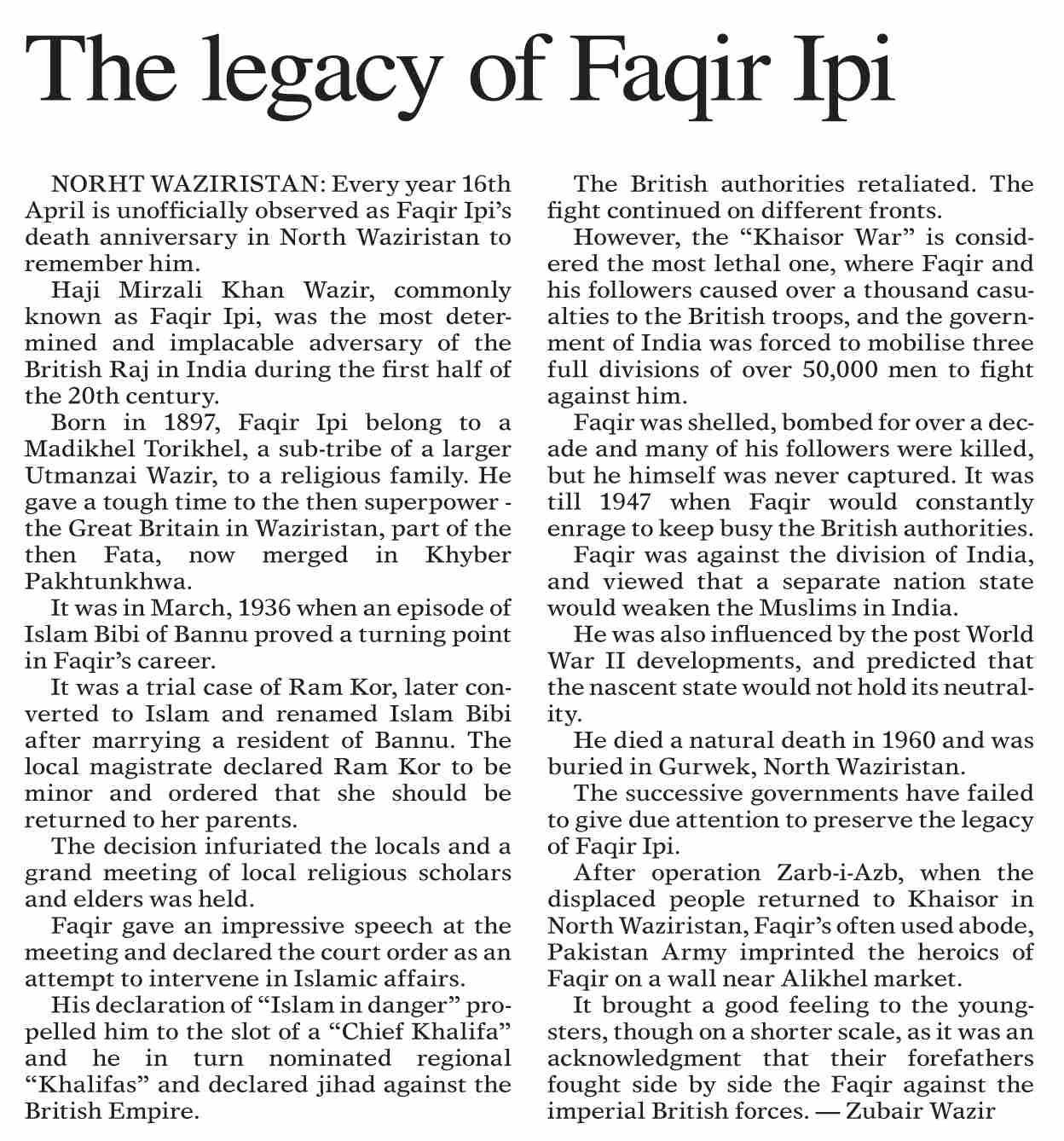 Dawn-ePaper | Apr 16, 2021 | The legacy of Faqir Ipi
