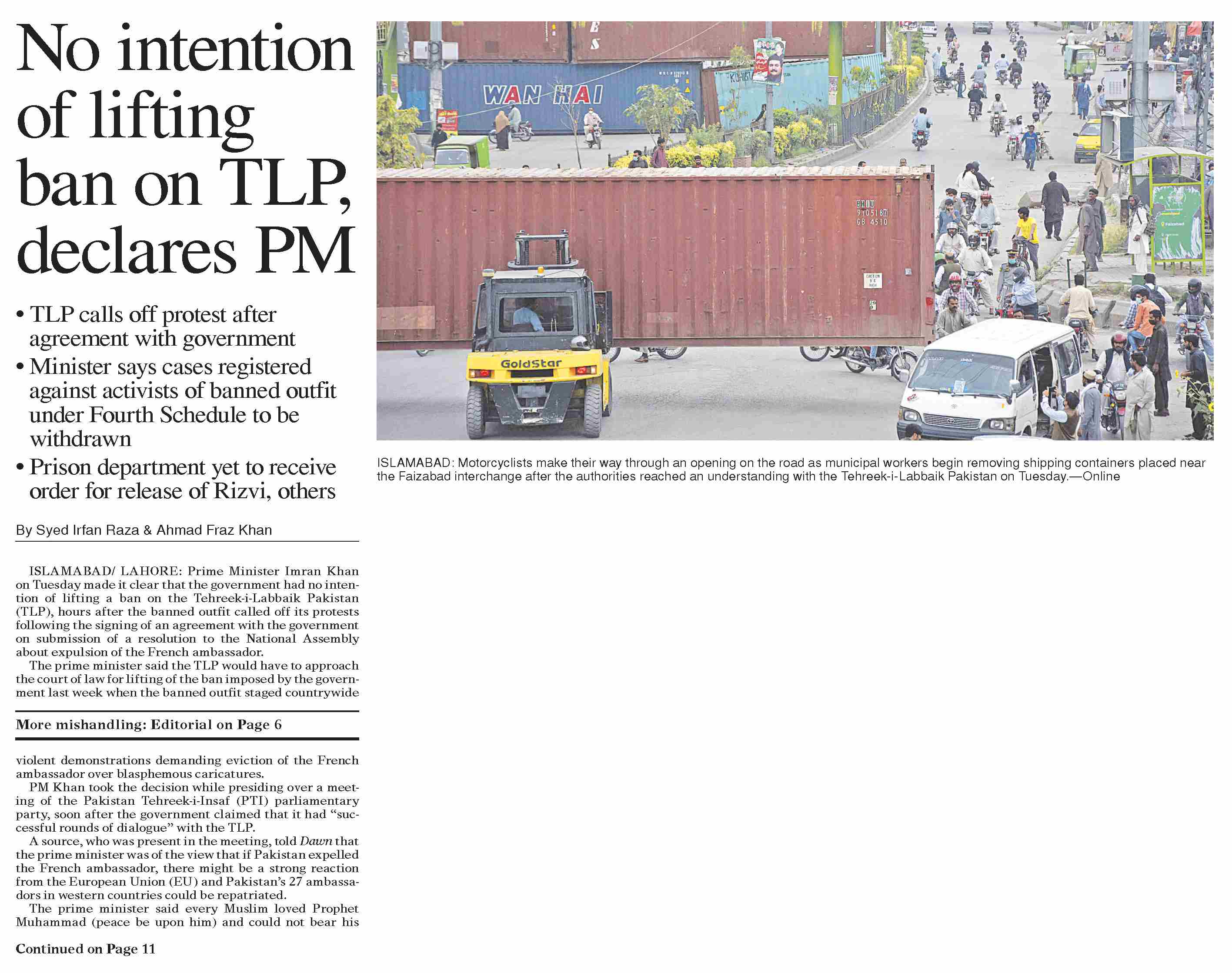 Dawn-ePaper | Apr 21, 2021 | No intention of lifting ban on TLP ...