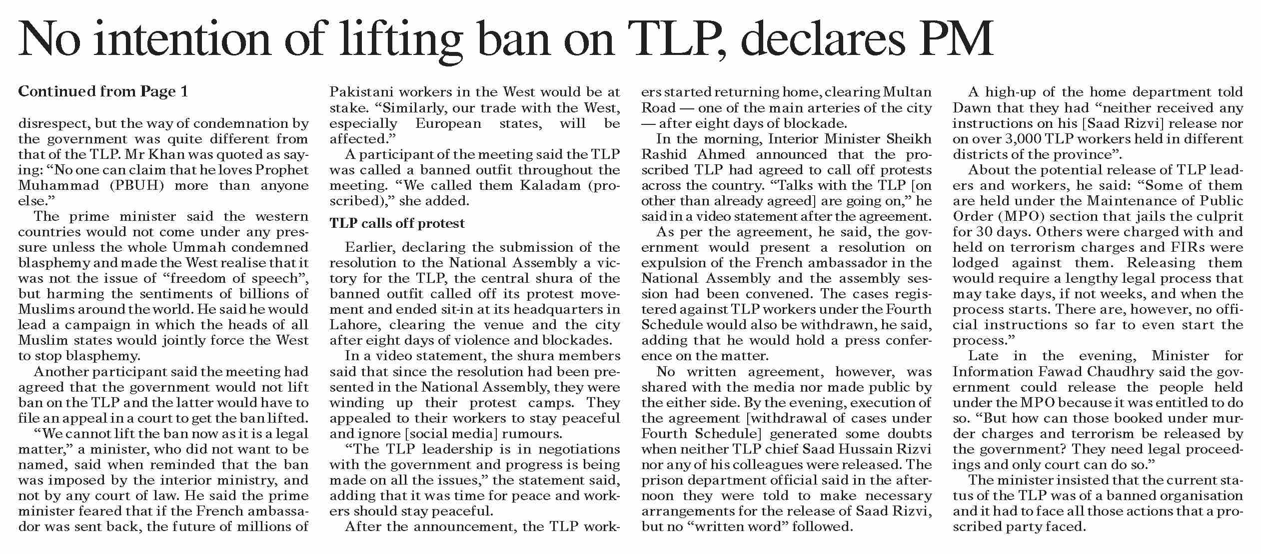 Dawn-ePaper | Apr 21, 2021 | No intention of lifting ban on TLP ...