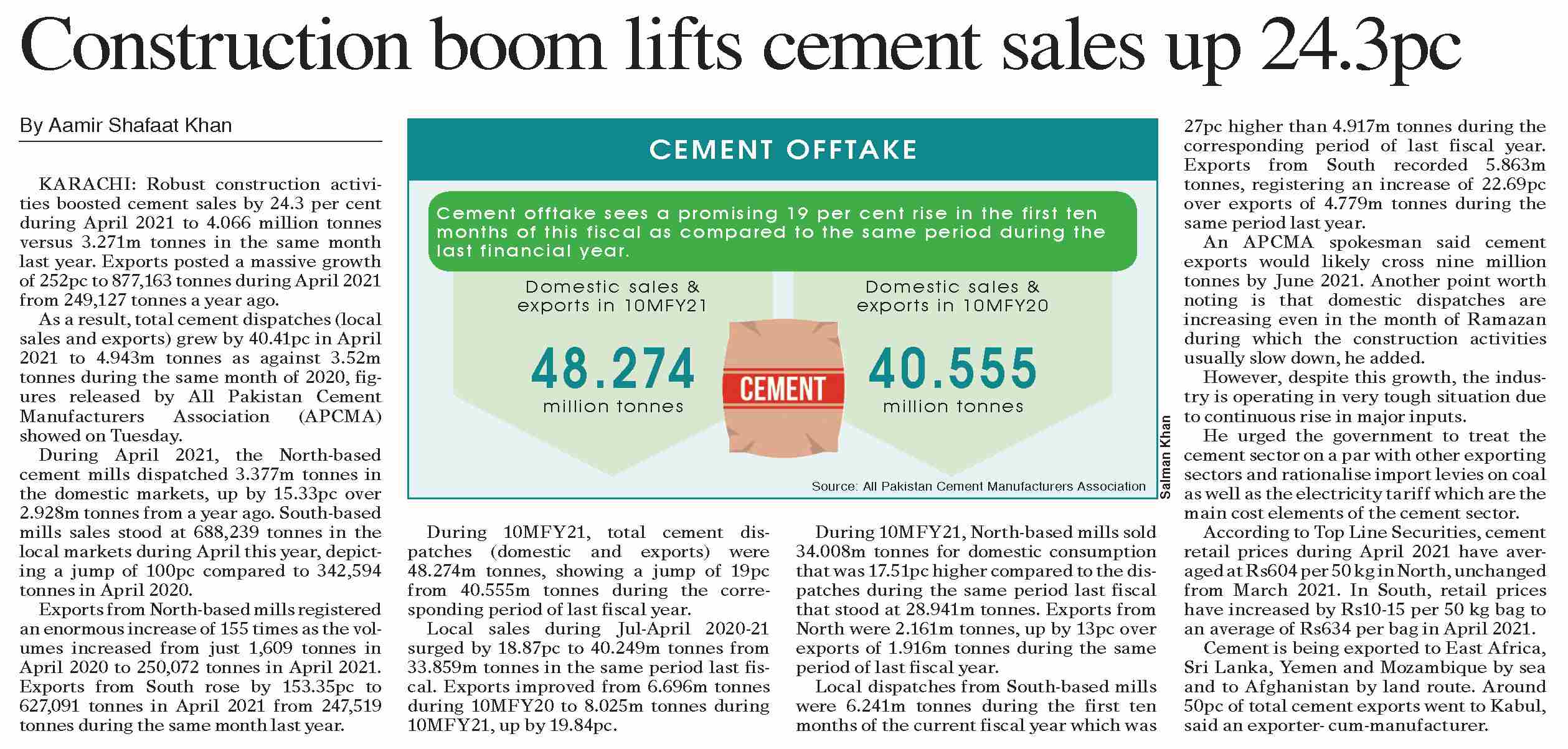 Dawn-ePaper | May 05, 2021 | Construction boom lifts cement sales up 24.3pc