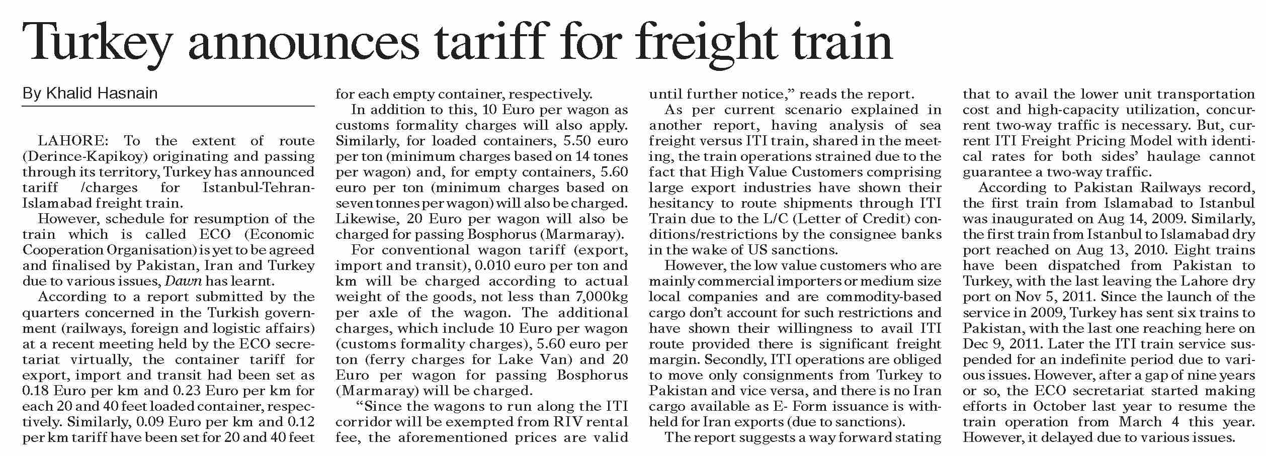 Dawn-ePaper | May 09, 2021 | Turkey announces tariff for freight train