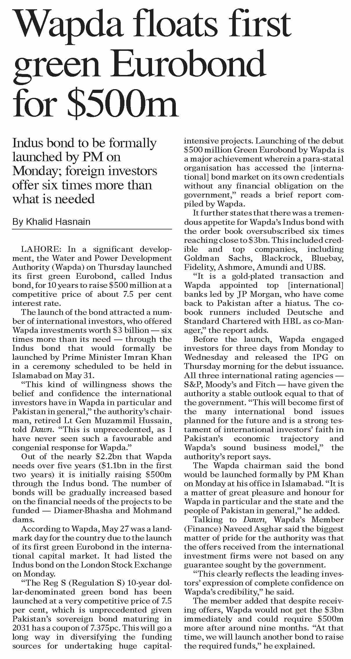 Dawn-ePaper | May 28, 2021 | Wapda floats first green Eurobond for $500m