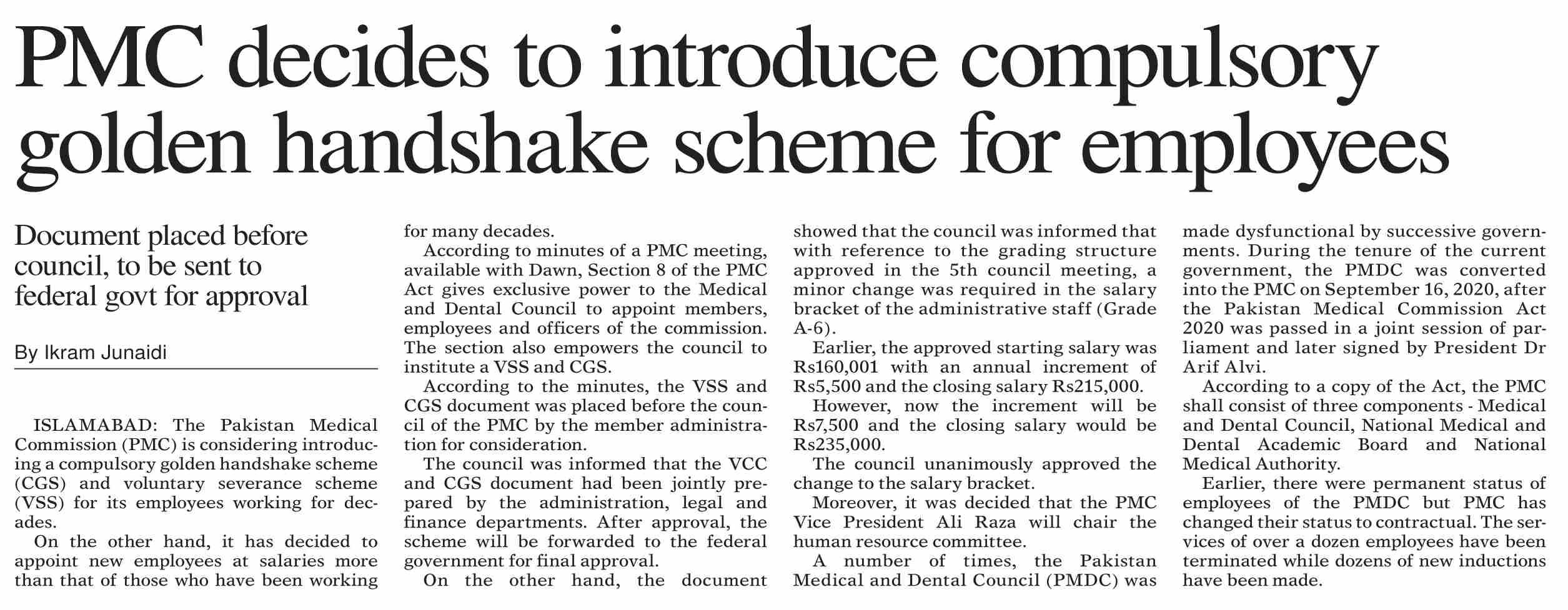 Dawn-ePaper | Jun 01, 2021 | PMC decides to introduce compulsory golden ...