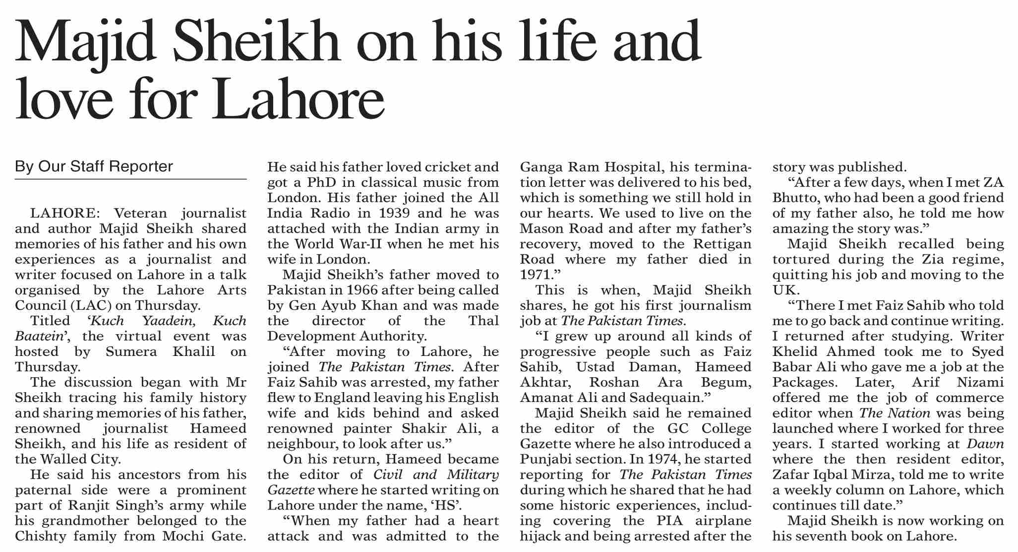 Dawn-ePaper | Sep 10, 2021 | Majid Sheikh on his life and love for Lahore