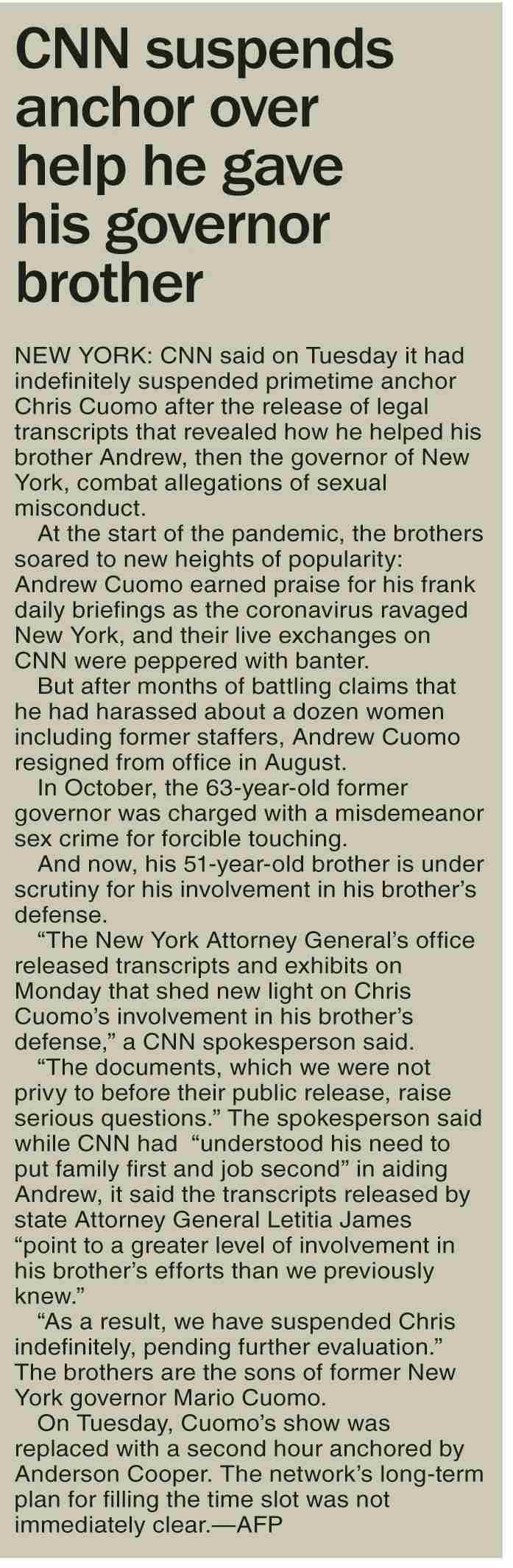 Dawn-ePaper | Dec 02, 2021 | CNN suspends anchor over help he gave his ...