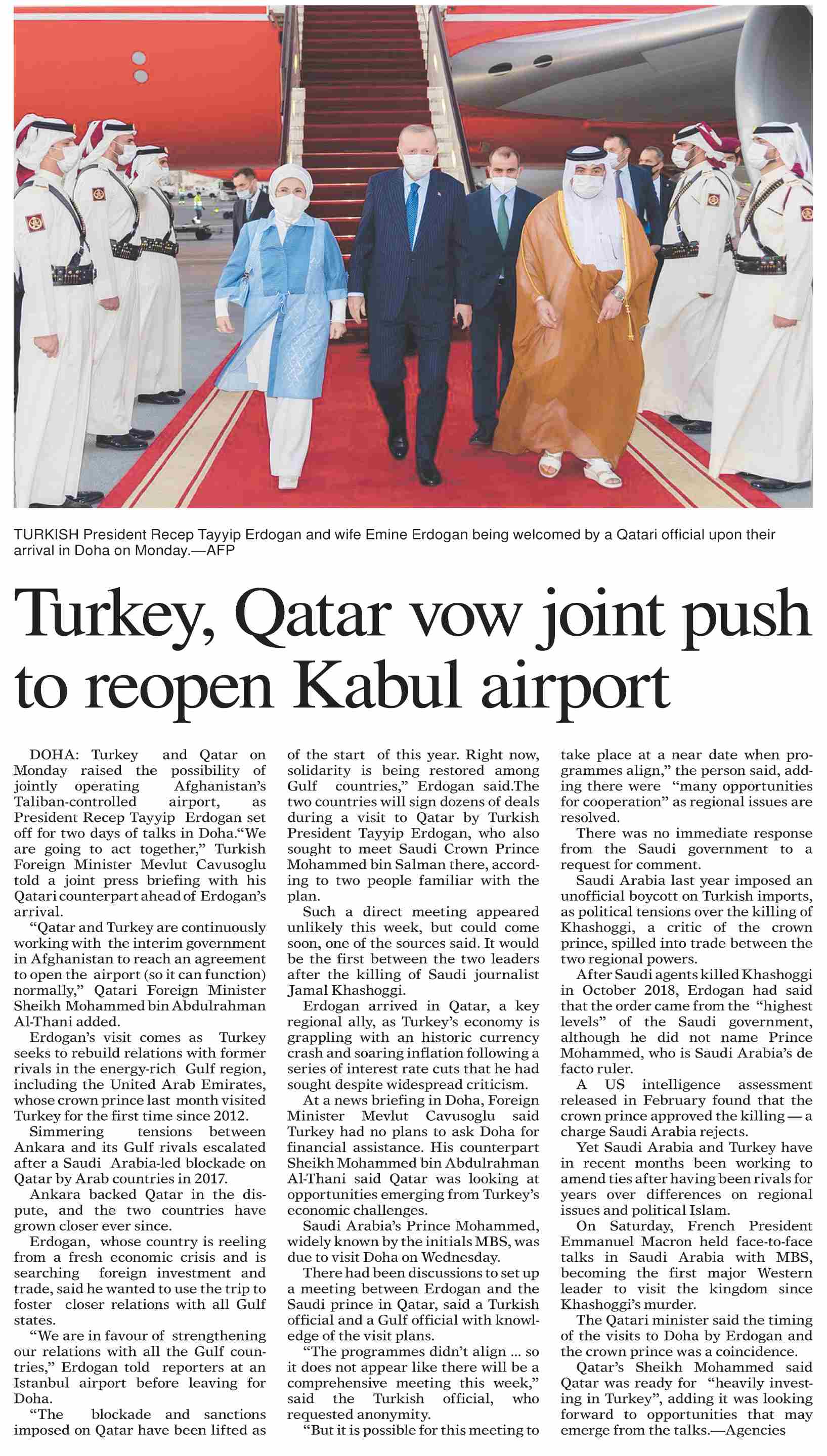 Dawn-ePaper | Dec 07, 2021 | Turkey, Qatar vow joint push to reopen ...