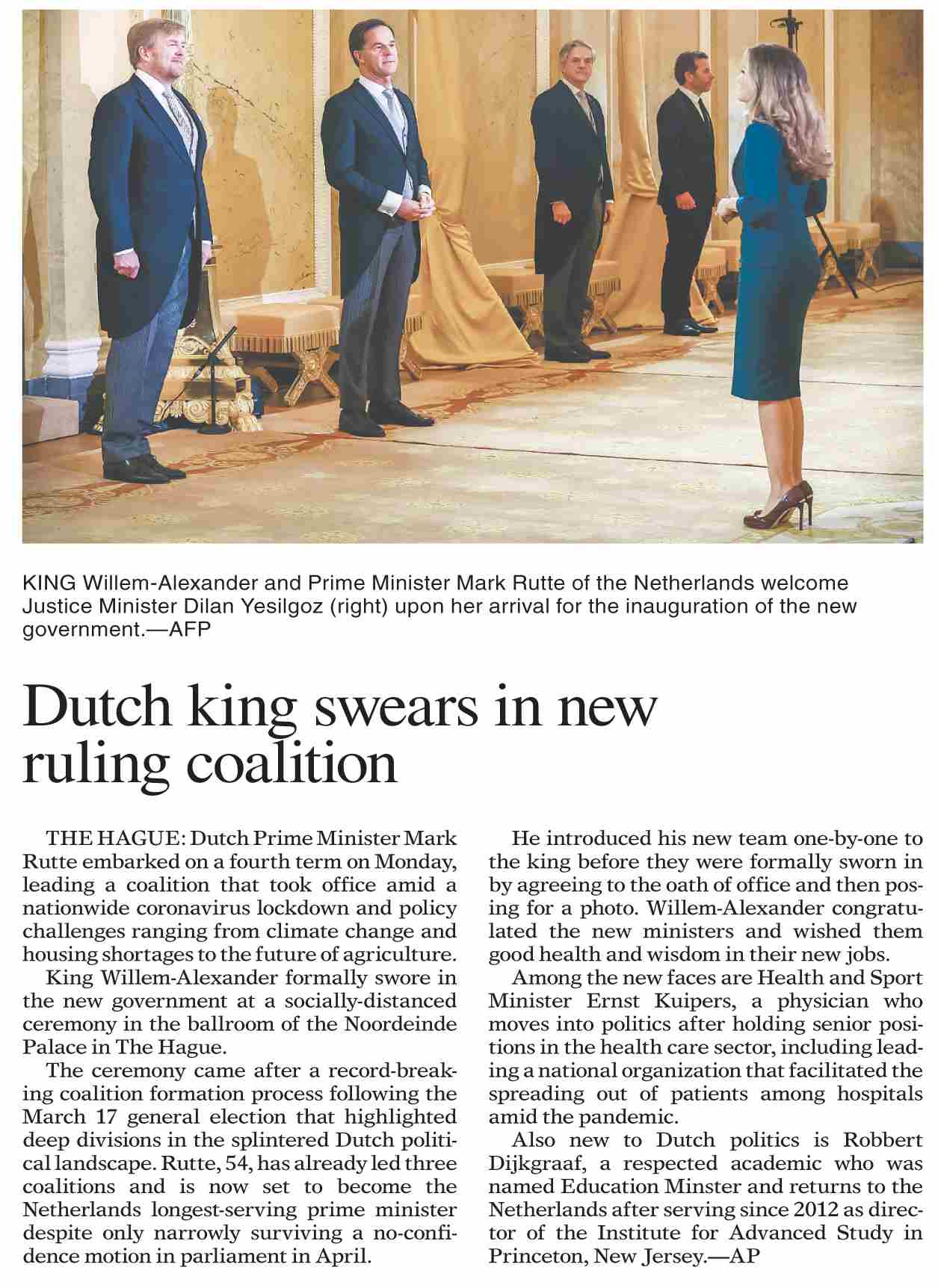 Dawn-ePaper | Jan 11, 2022 | Dutch king swears in new ruling coalition