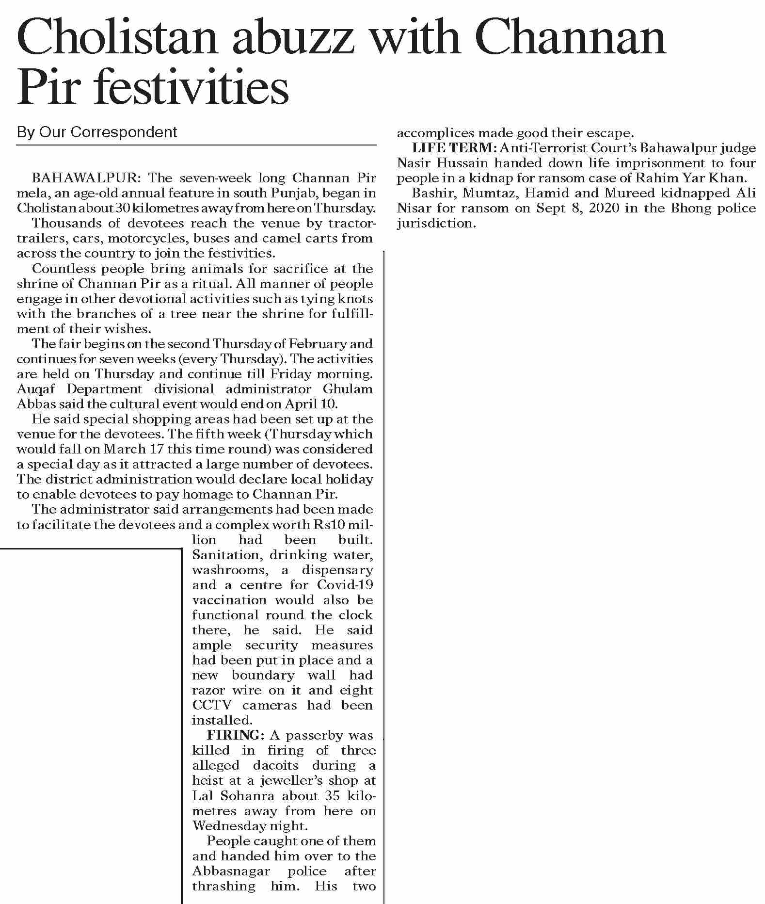 Dawn-ePaper | Feb 11, 2022 | Cholistan abuzz with Channan Pir festivities