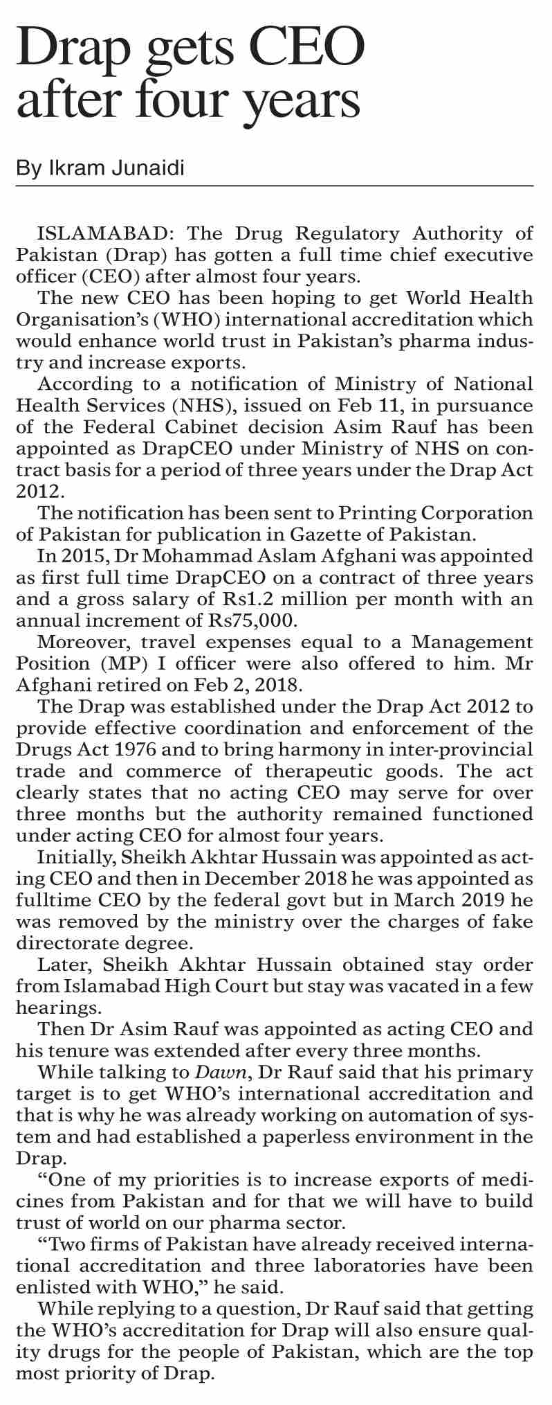 Dawn-ePaper | Feb 13, 2022 | Drap gets CEO after four years