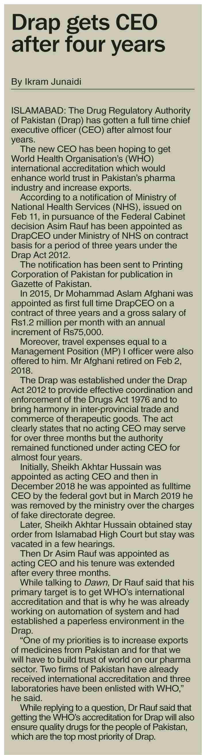 Dawn-ePaper | Feb 13, 2022 | Drap gets CEO after four years