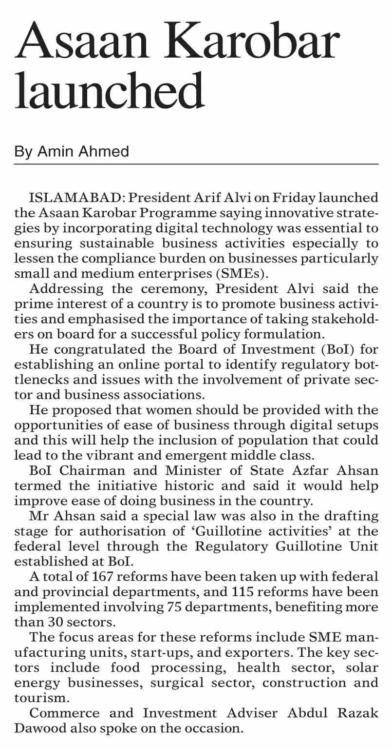 Dawn-ePaper | Mar 19, 2022 | Asaan Karobar launched
