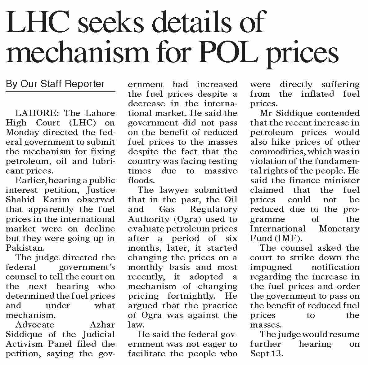 Dawn-ePaper | Sep 06, 2022 | LHC seeks details of mechanism for POL prices