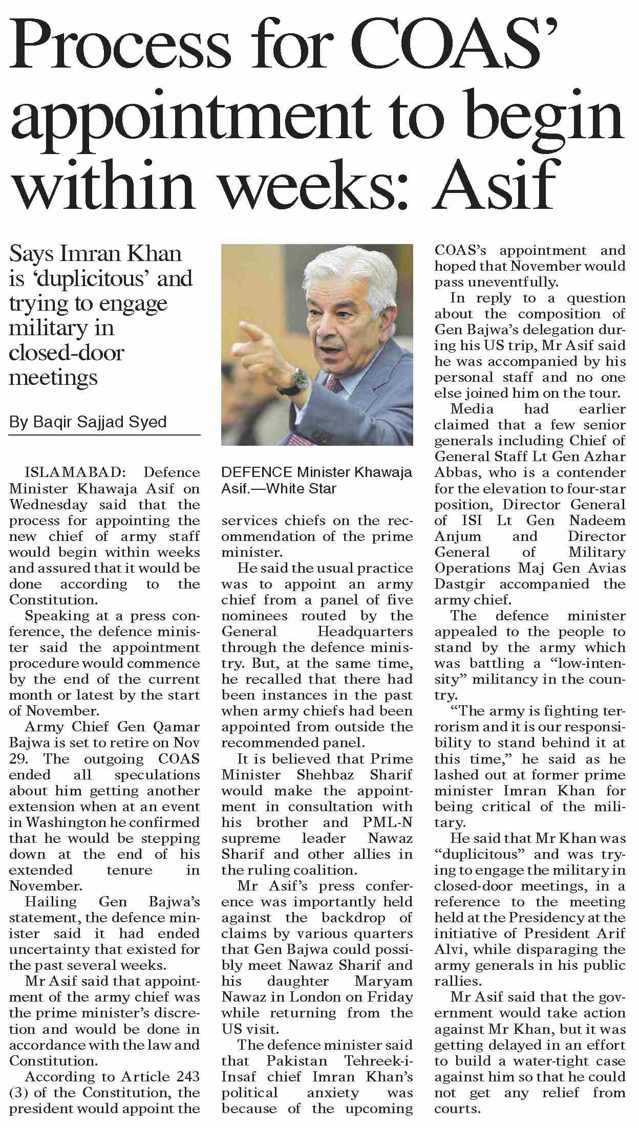 Dawn-ePaper | Oct 06, 2022 | Process for COAS` appointment to begin within weeks: Asif