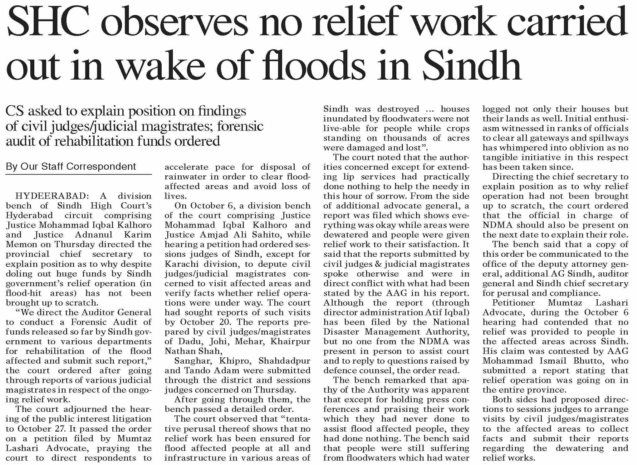 Dawn ePaper Oct 22 2022 SHC Observes No Relief Work Carried Out In