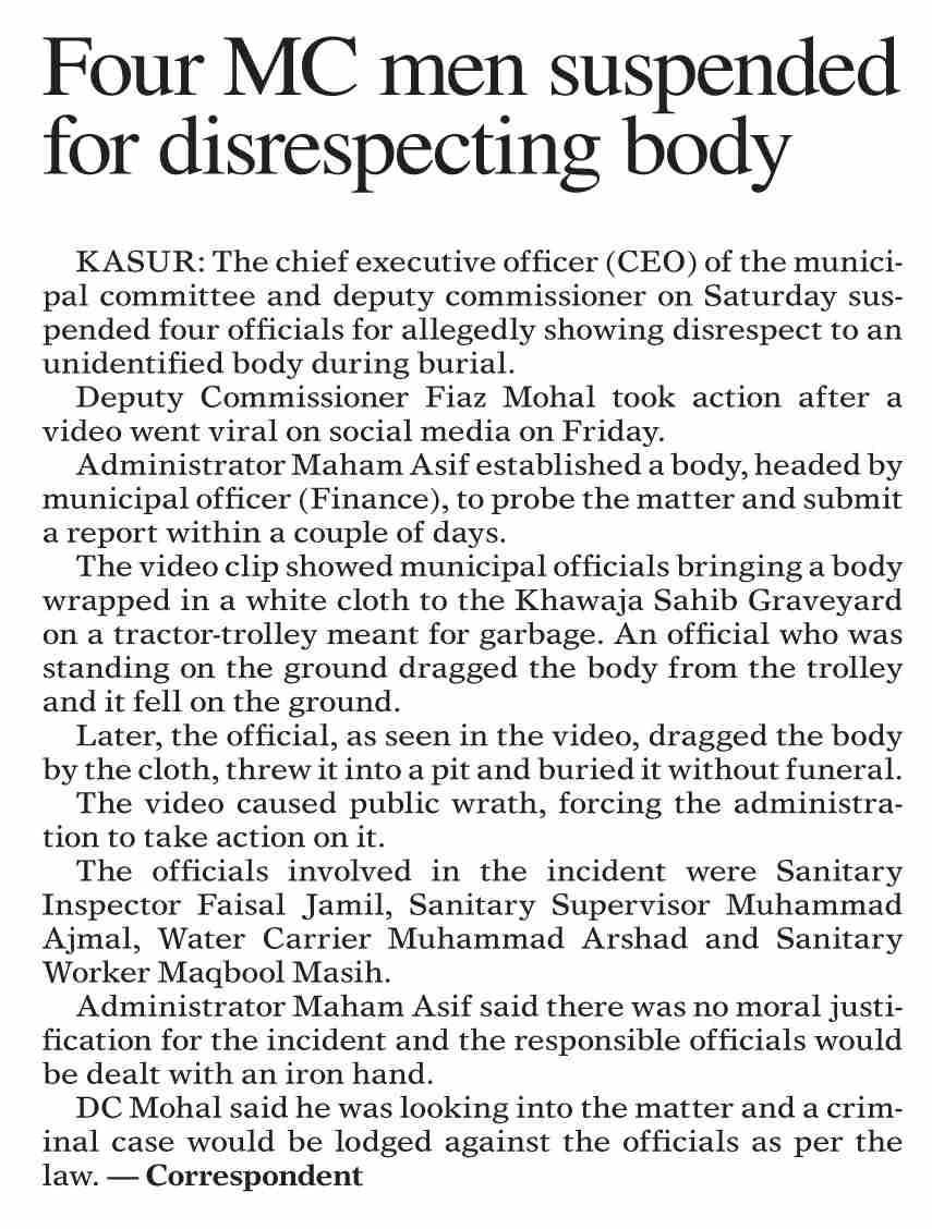 Dawn-ePaper | Nov 13, 2022 | Four MC men suspended for disrespecting body