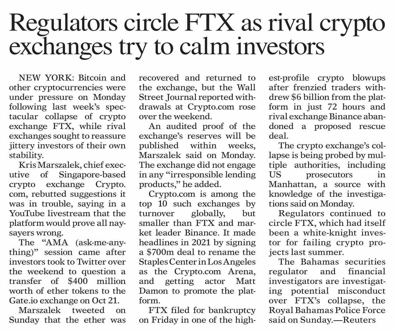 Dawn-ePaper | Nov 15, 2022 | Regulators circle FTX as rival crypto ...