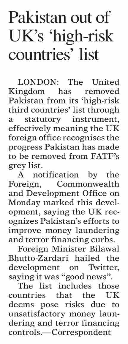Dawn-ePaper | Nov 15, 2022 | Pakistan out of UK`s `high-risk countries` list