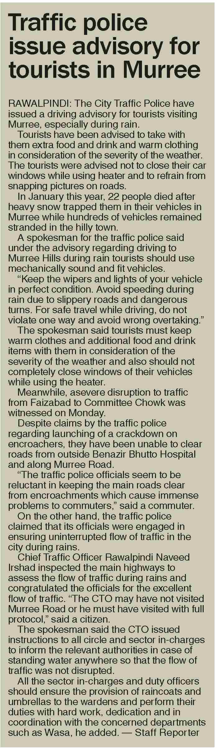 Dawn-ePaper | Nov 15, 2022 | Traffic police issue advisory for tourists ...