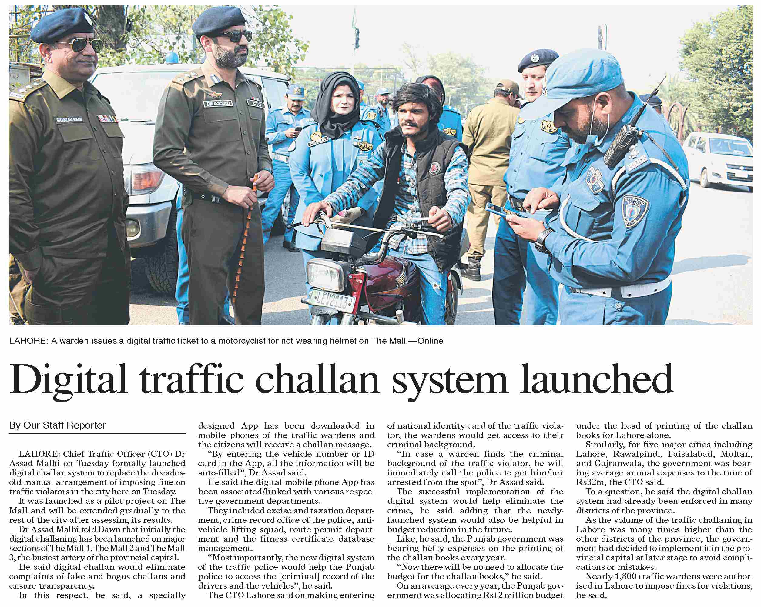 Dawn-ePaper | Nov 16, 2022 | Digital traffic challan system launched