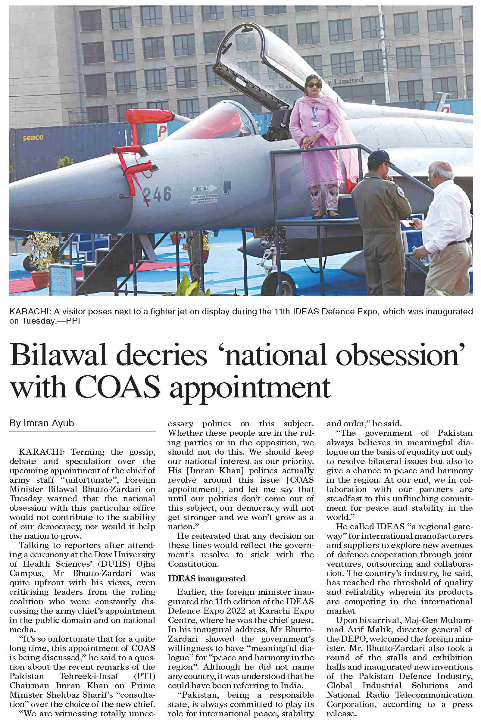Dawn-ePaper | Nov 16, 2022 | Bilawal decries `national obsession` with COAS appointment