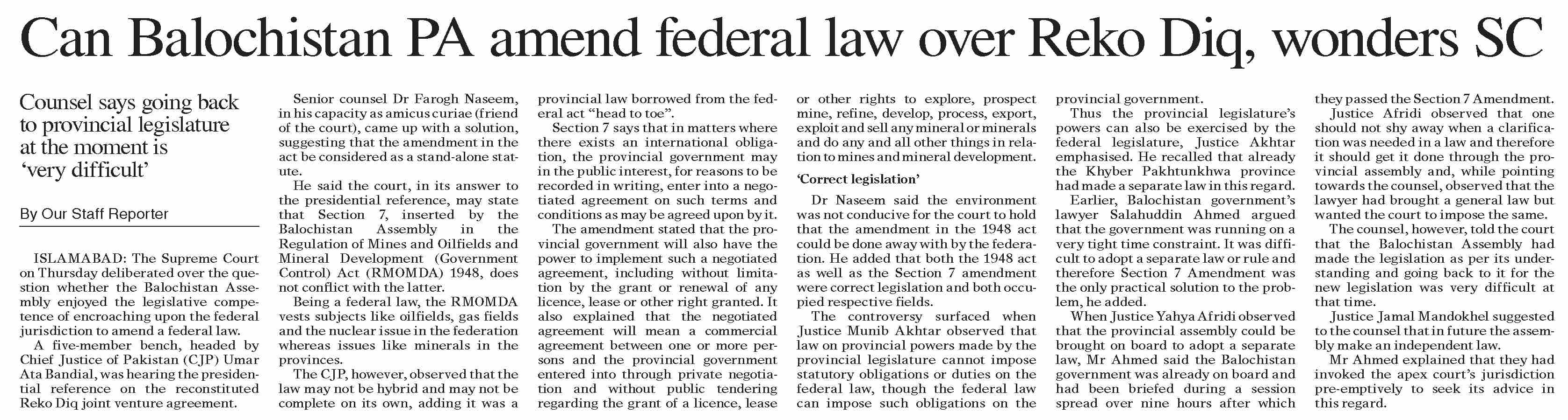 Dawn-ePaper | Nov 18, 2022 | Can Balochistan PA amend federal law over ...