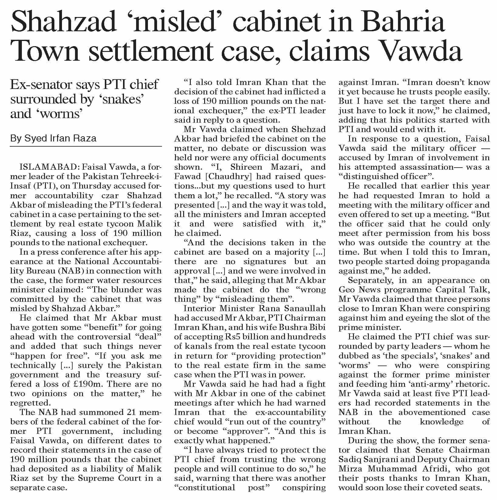 Dawn-ePaper | Nov 18, 2022 | Shahzad `misled` cabinet in Bahria Town ...