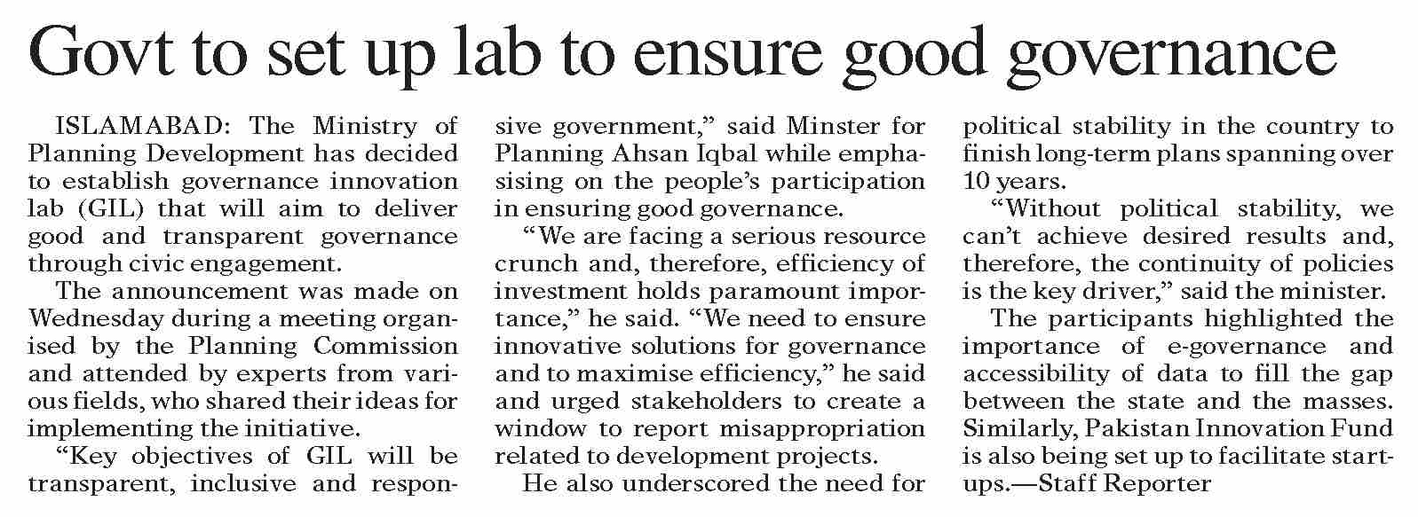 Dawn-ePaper | Nov 24, 2022 | Govt to set up lab to ensure good governance