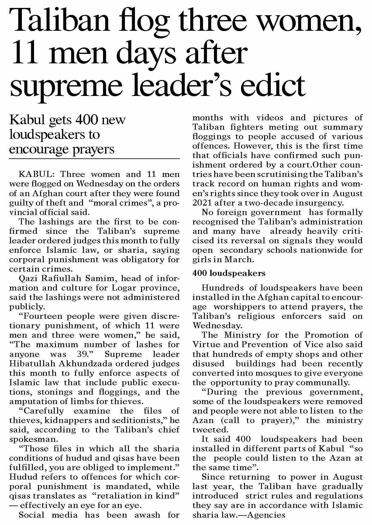 Dawn-ePaper | Nov 24, 2022 | Taliban flog three women, 11 men days after supreme leader`s edict