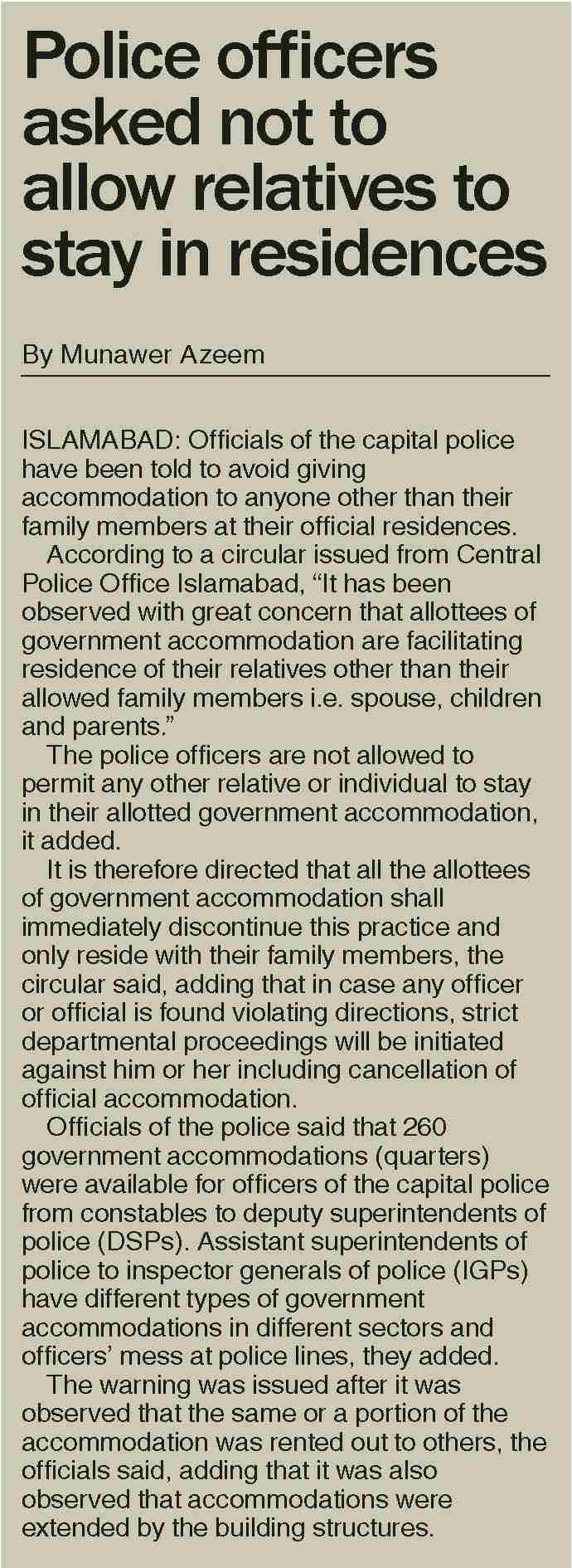 Dawn-ePaper | Nov 24, 2022 | Police officers asked not to allow relatives to stay in residences