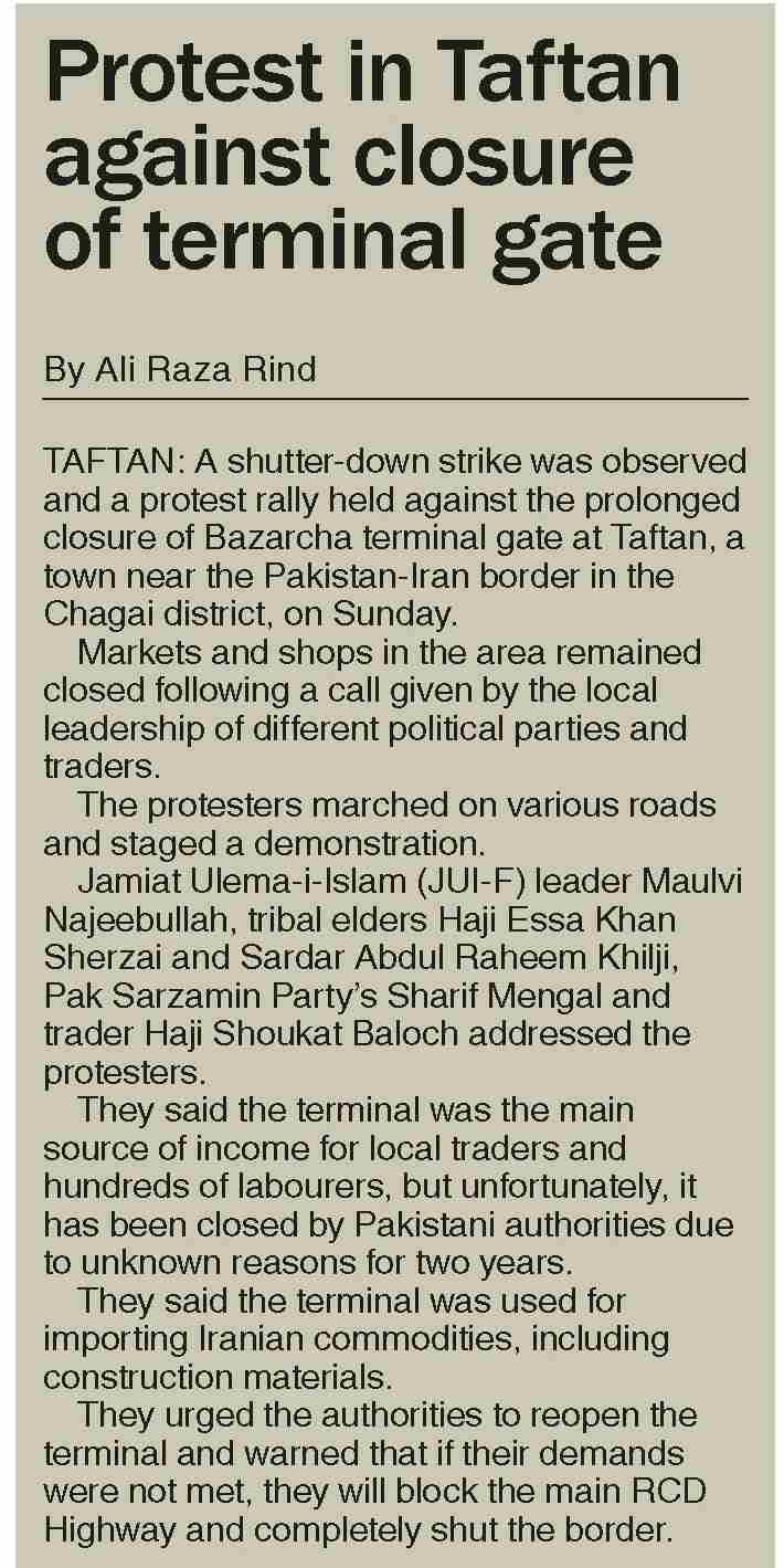 Dawn-ePaper | Nov 28, 2022 | Protest in Taftan against closure of ...