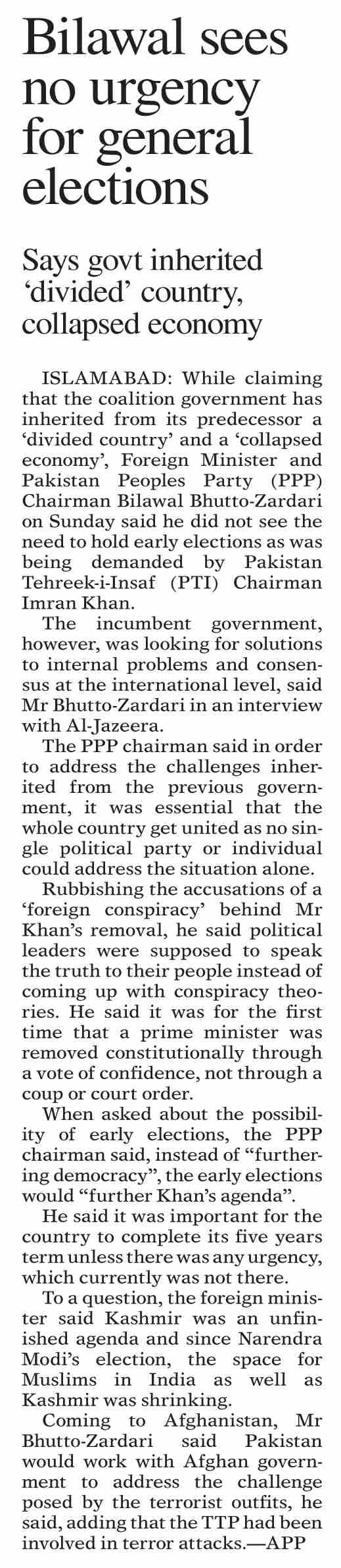 Dawn-ePaper | Dec 05, 2022 | Bilawal sees no urgency for general elections