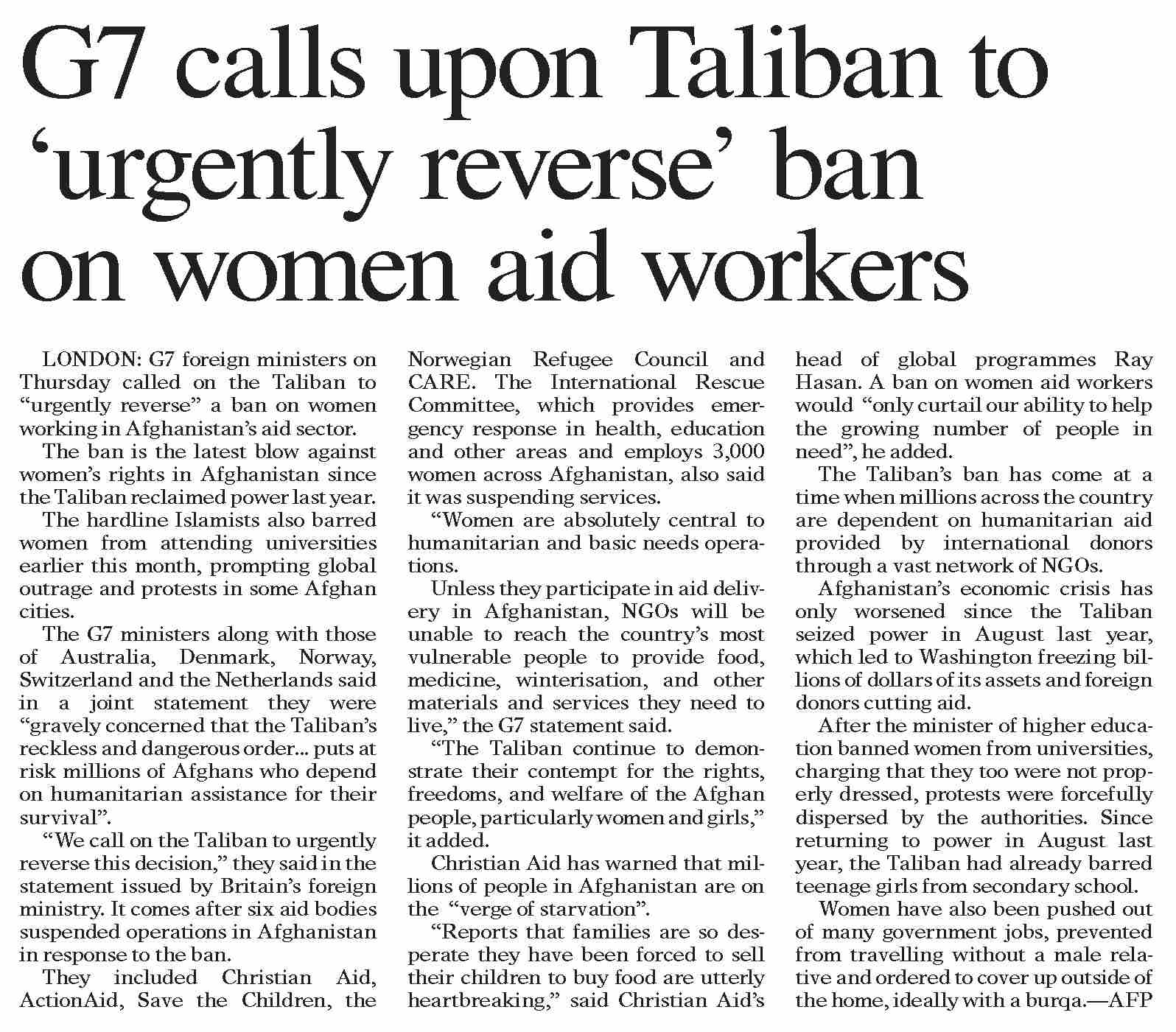 Dawn Epaper Dec 30 2022 G7 Calls Upon Taliban To `urgently Reverse