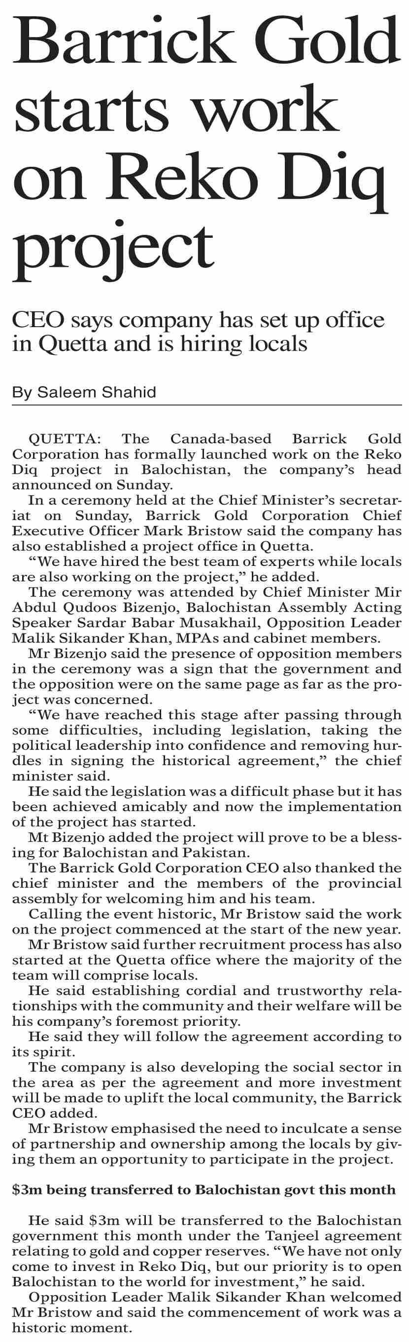 Dawn-ePaper | Jan 16, 2023 | Barrick Gold starts work on Reko Diq project