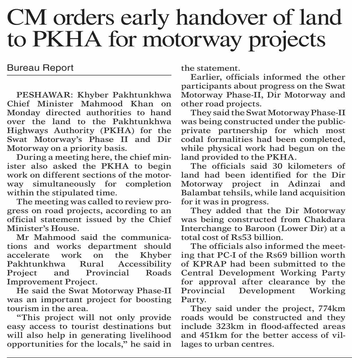 Dawn-ePaper | Jan 17, 2023 | CM orders early handover of land to PKHA ...
