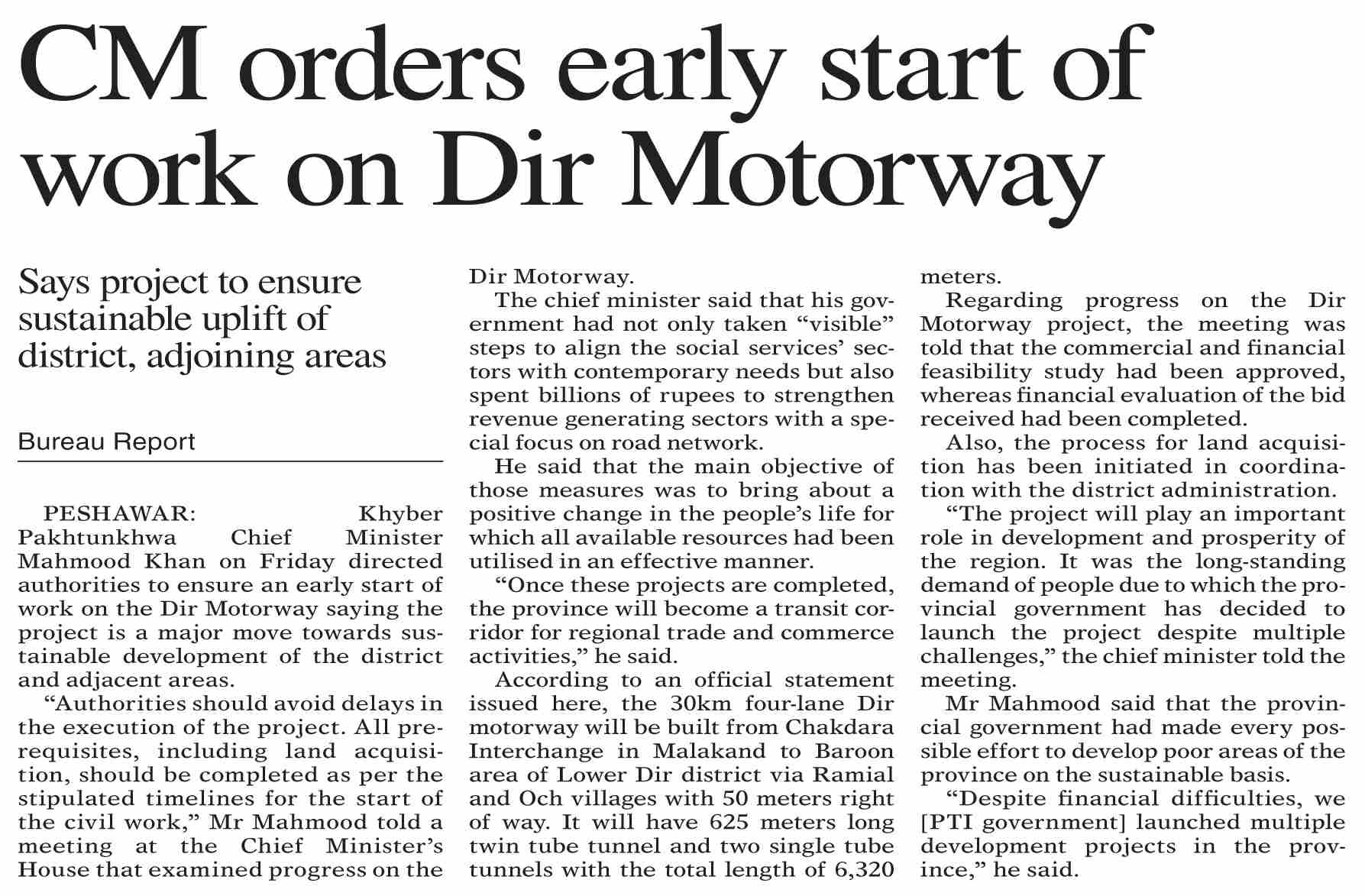 Dawn-ePaper | Jan 21, 2023 | CM orders early start of work on Dir Motorway