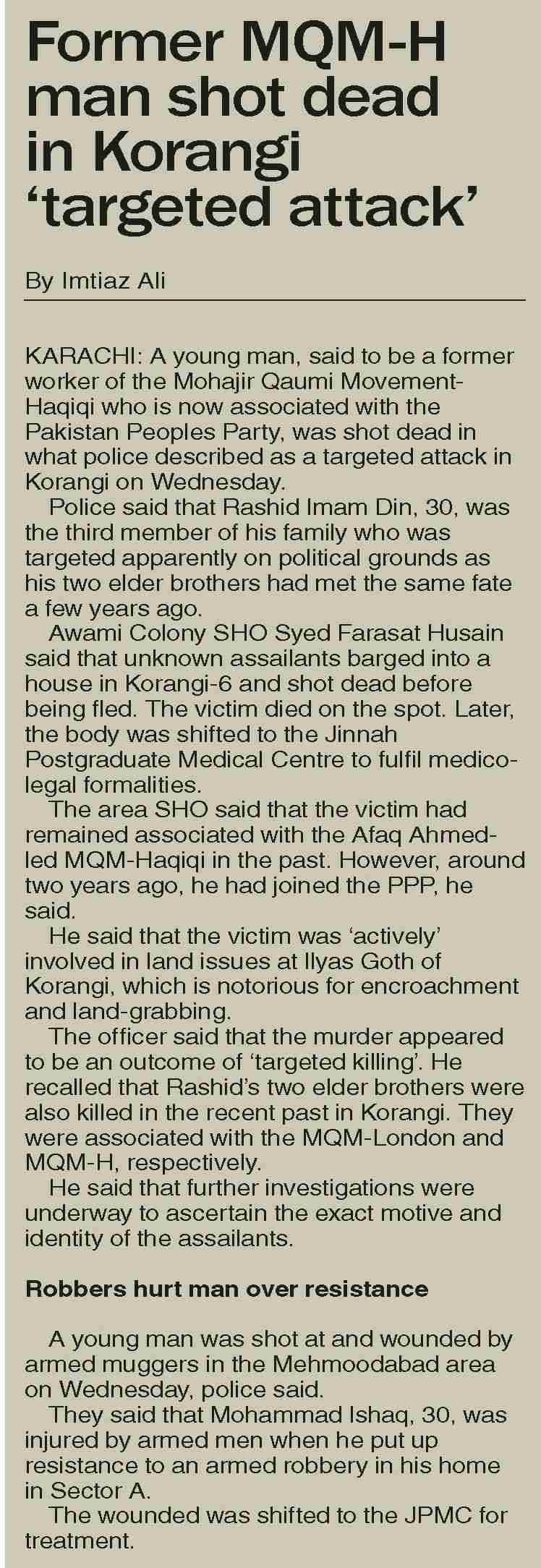 Dawn-ePaper | Jan 26, 2023 | Former MQM-H man shot dead in Korangi ...