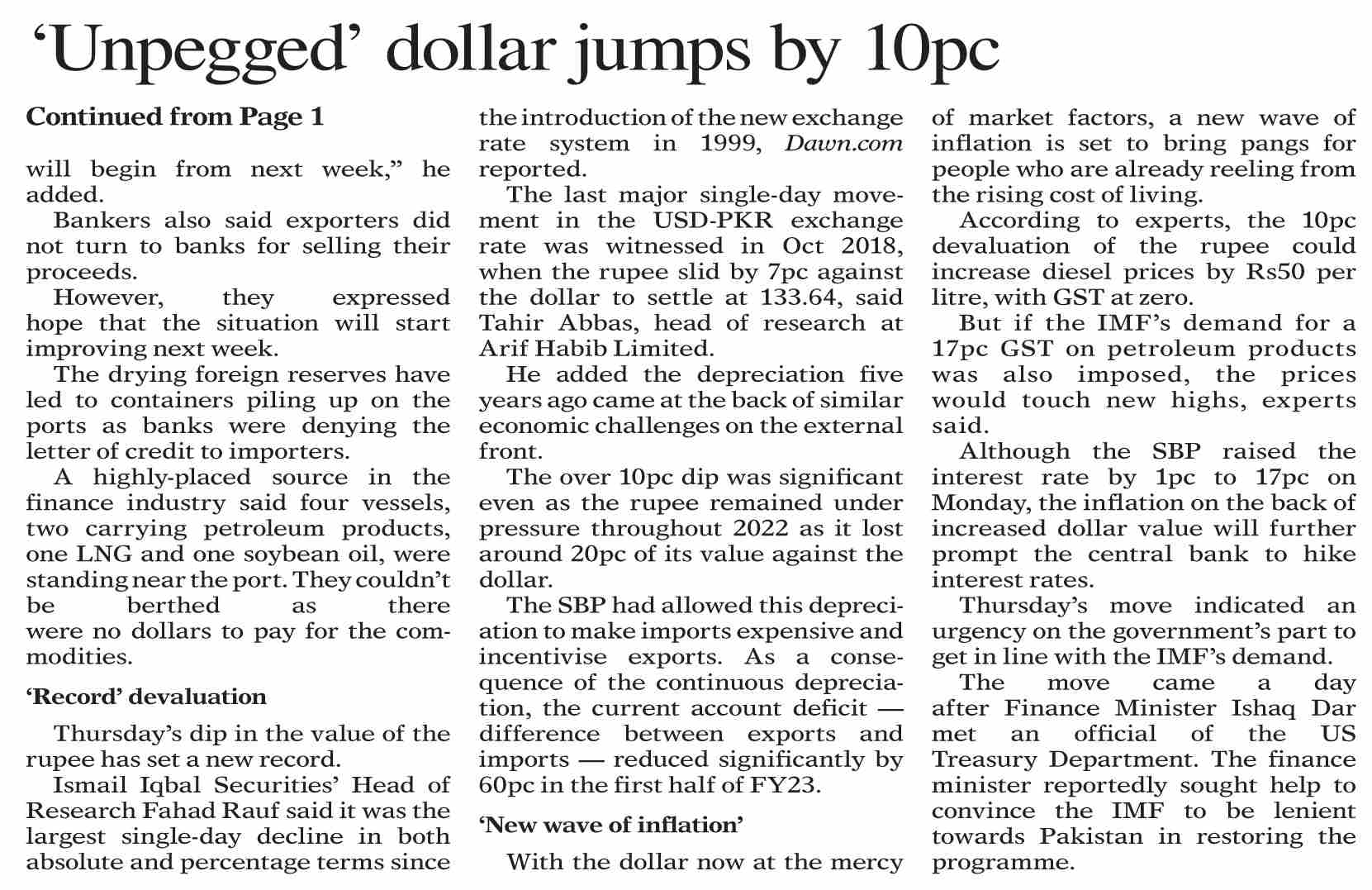 Dawn-ePaper | Jan 27, 2023 | `Unpegged` dollar jumps by 10pc to shatter ...
