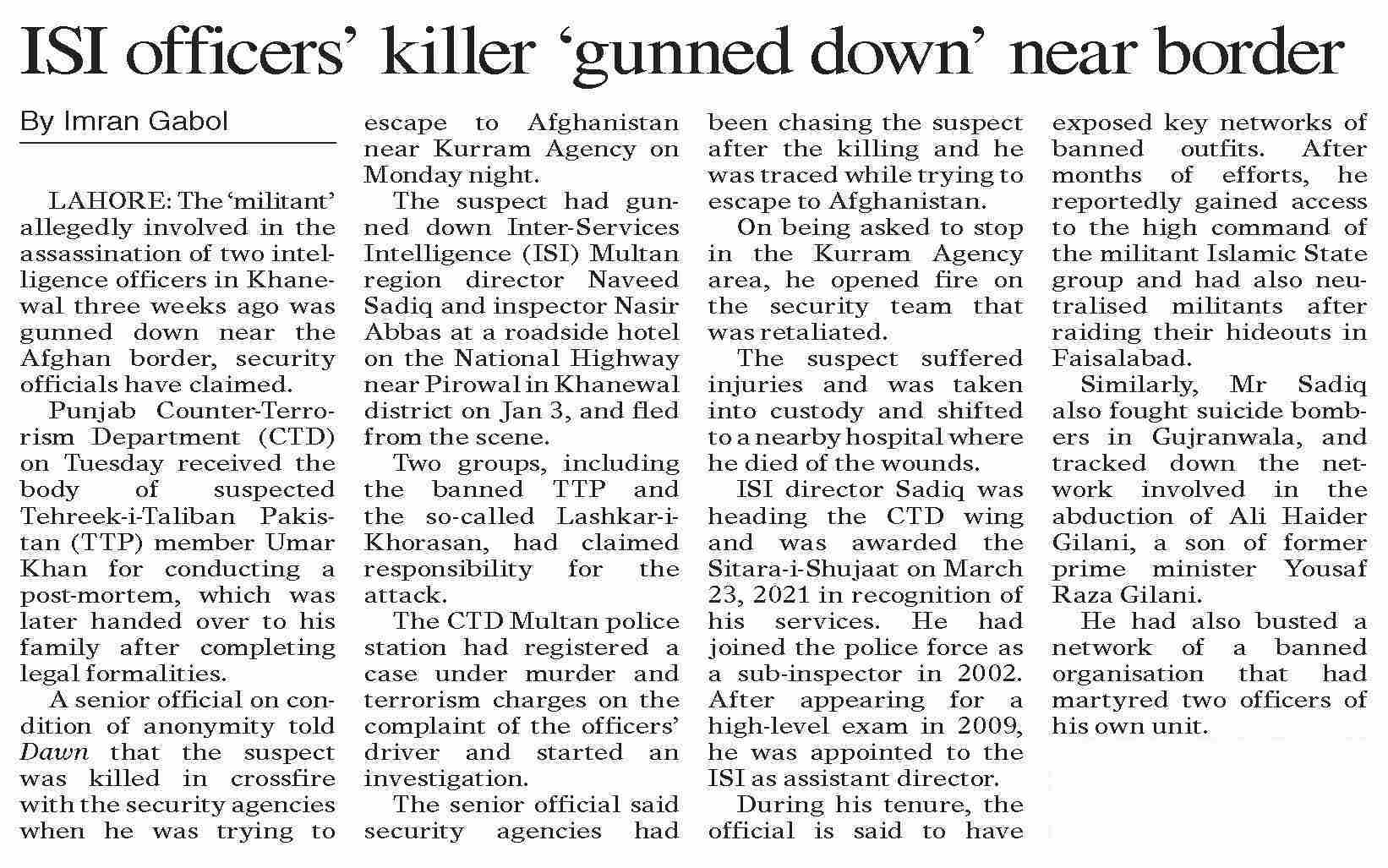 Dawn-ePaper | Feb 01, 2023 | ISI officers` killer `gunned down` near border