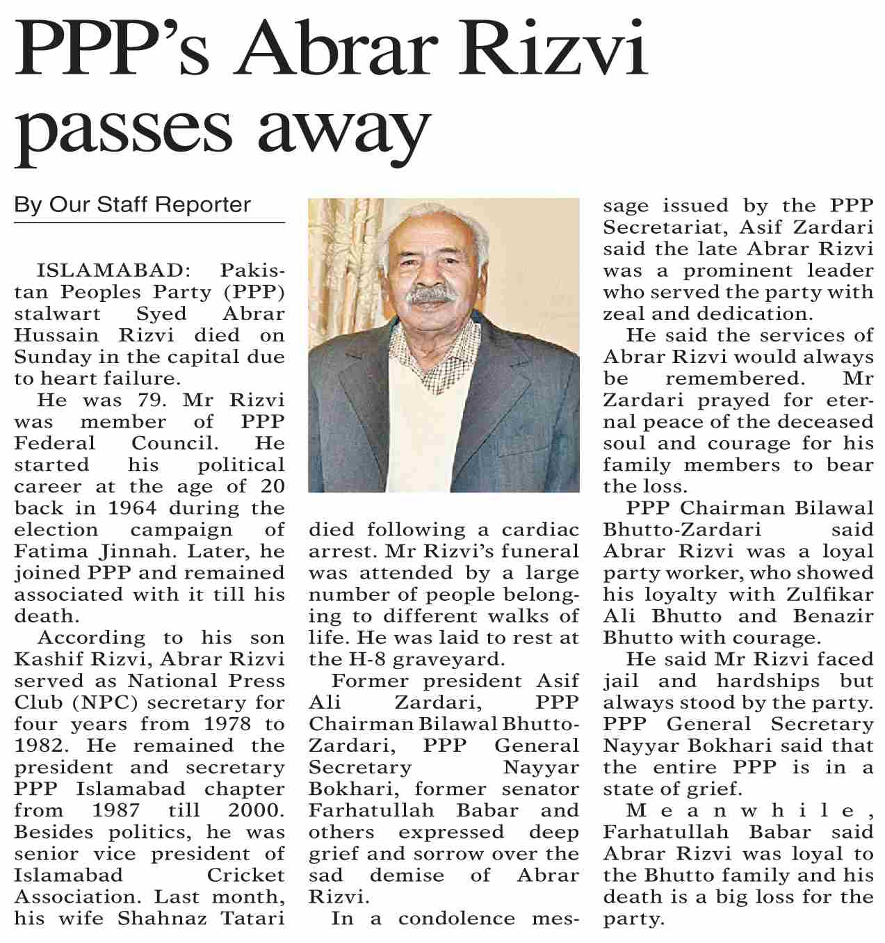 Dawn-ePaper | Feb 06, 2023 | PPP`s Abrar Rizvi passes away