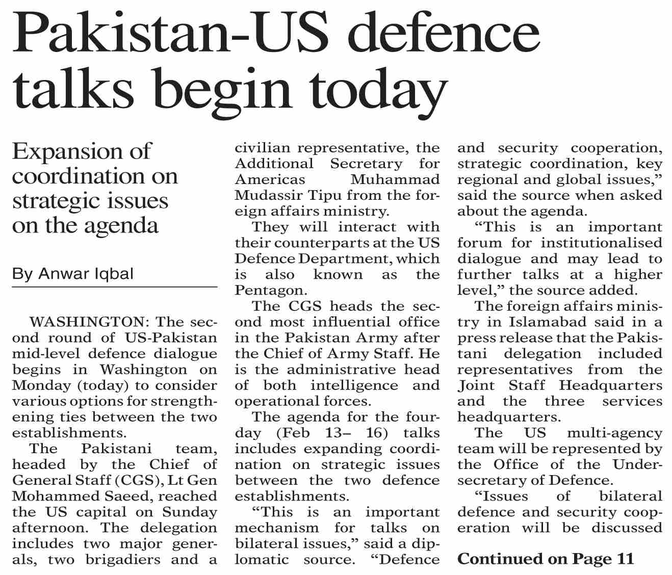 Dawn-ePaper | Feb 13, 2023 | Pakistan-US defence talks begin today