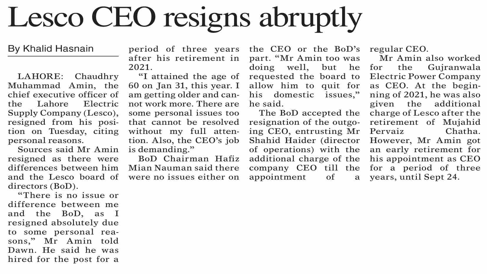 Dawn-ePaper | Mar 01, 2023 | Lesco CEO resigns abruptly