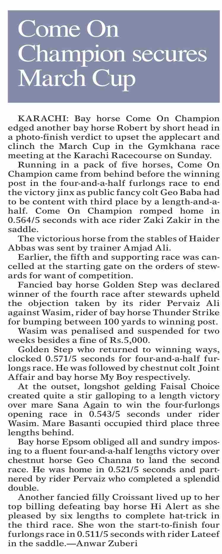 Dawn-ePaper | Mar 13, 2023 | Come On Champion secures March Cup