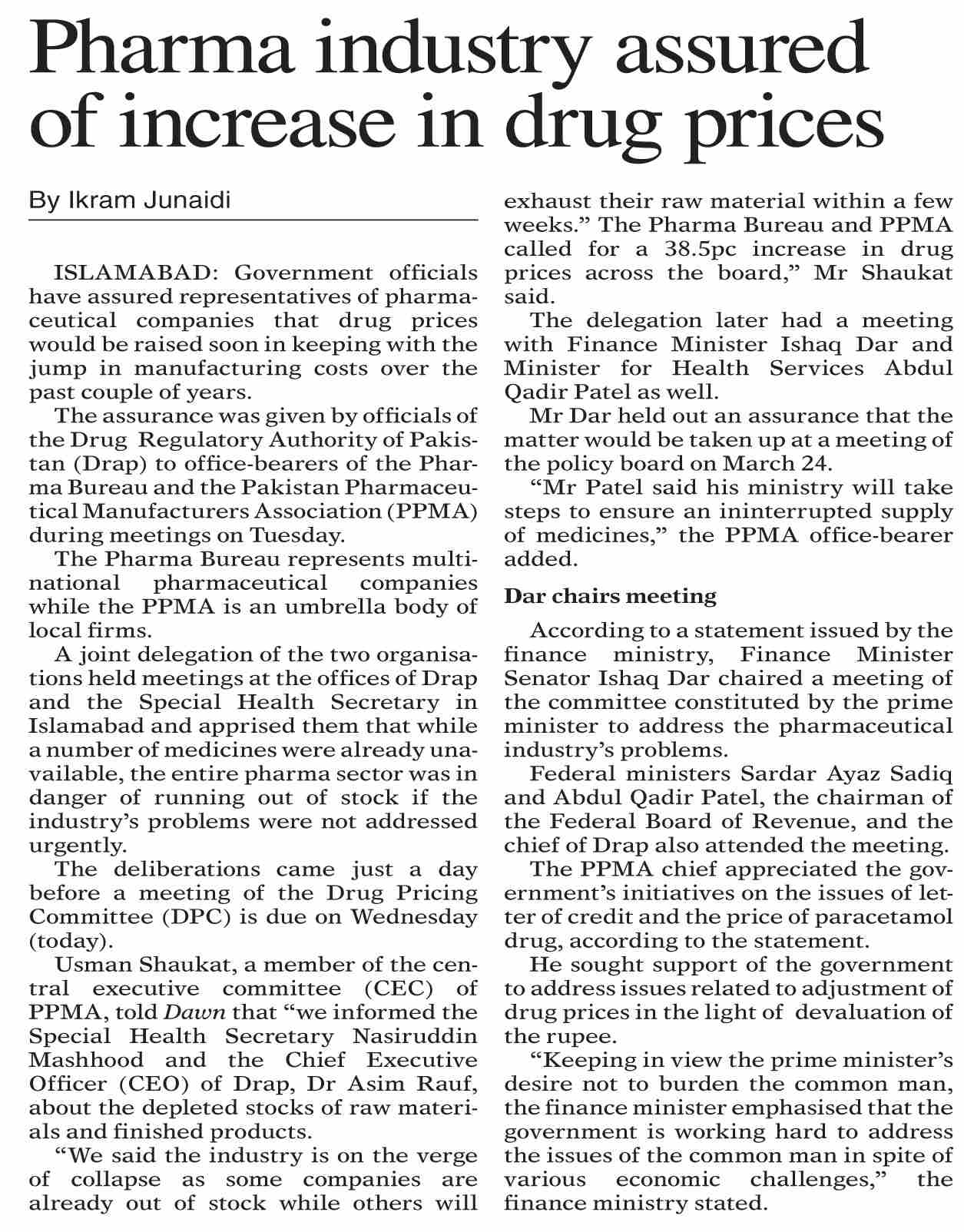 Dawn-ePaper | Mar 15, 2023 | Pharma industry assured of increase in ...