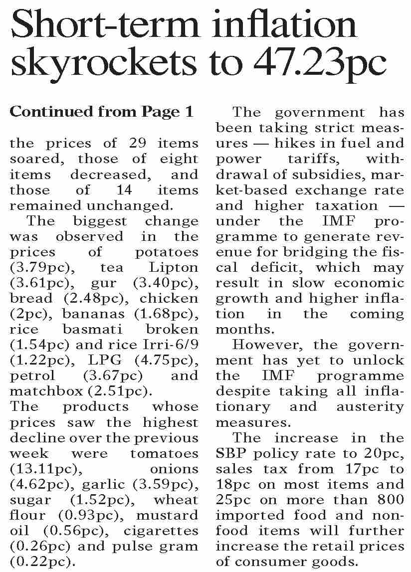 Dawn-ePaper | Apr 22, 2023 | Short-term inflation skyrockets to 47.23pc