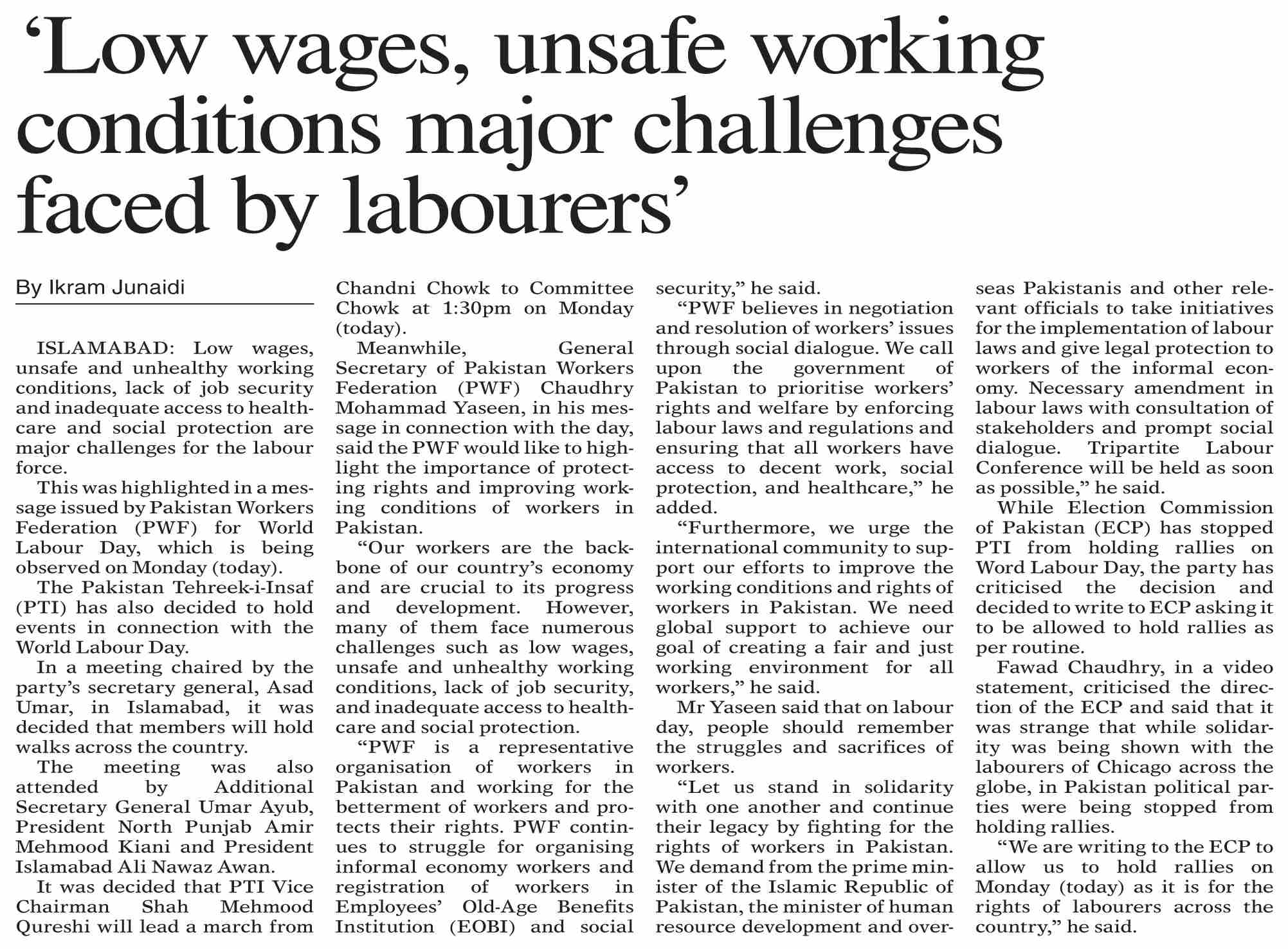 Dawn-ePaper | May 01, 2023 | `Low wages, unsafe working conditions ...